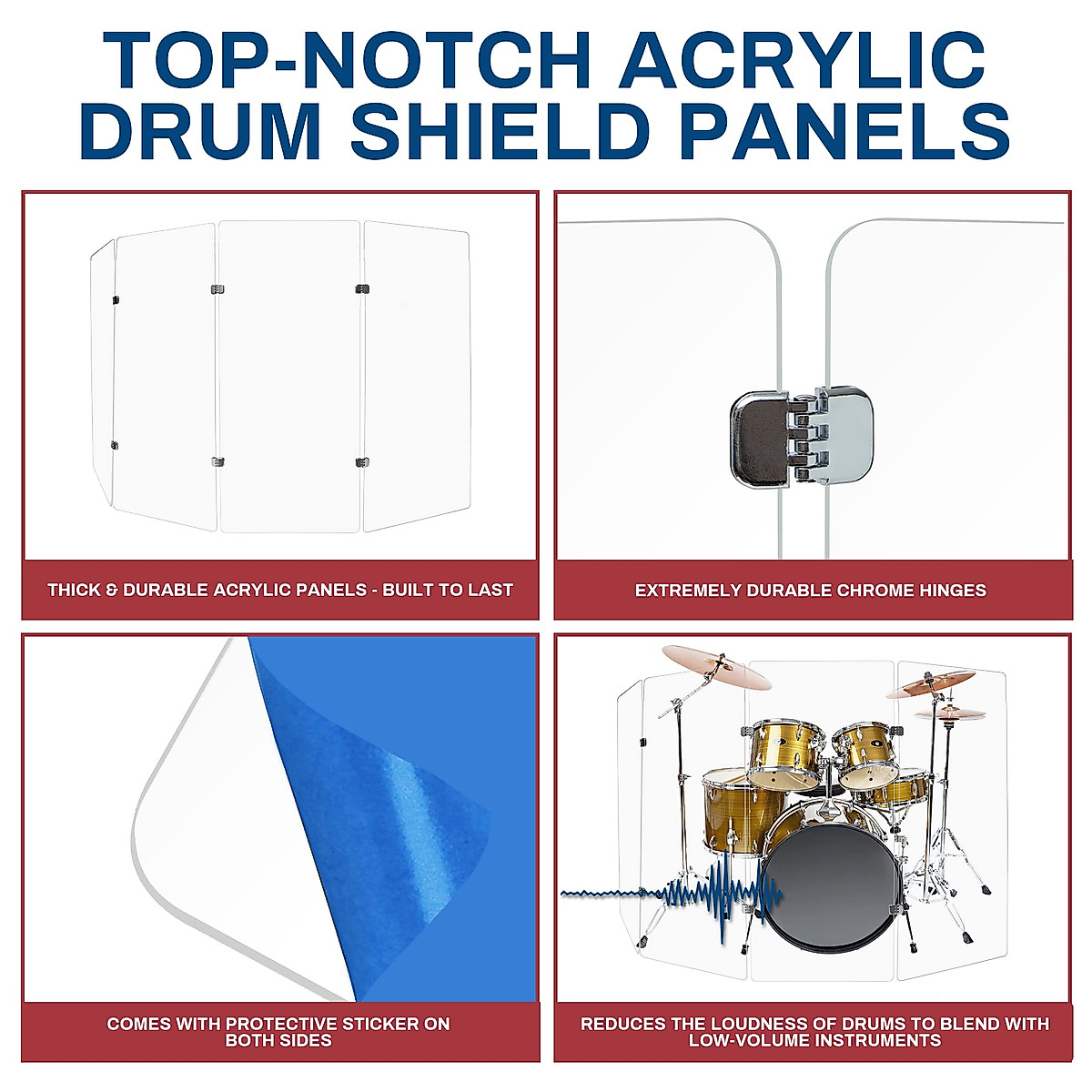 PENNZONI Drum Shield 4ft w/Chrome Hinges, Comes w/ 4 Drum Panels, & 6 Chrome Hinges, Premium Clear Acrylic Panels, Drum Screen