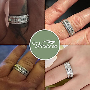 Wuziwen Sterling Silver Round and Baguette Eternity Ring Wedding Band for Women Cubic Zirconia Sz 7