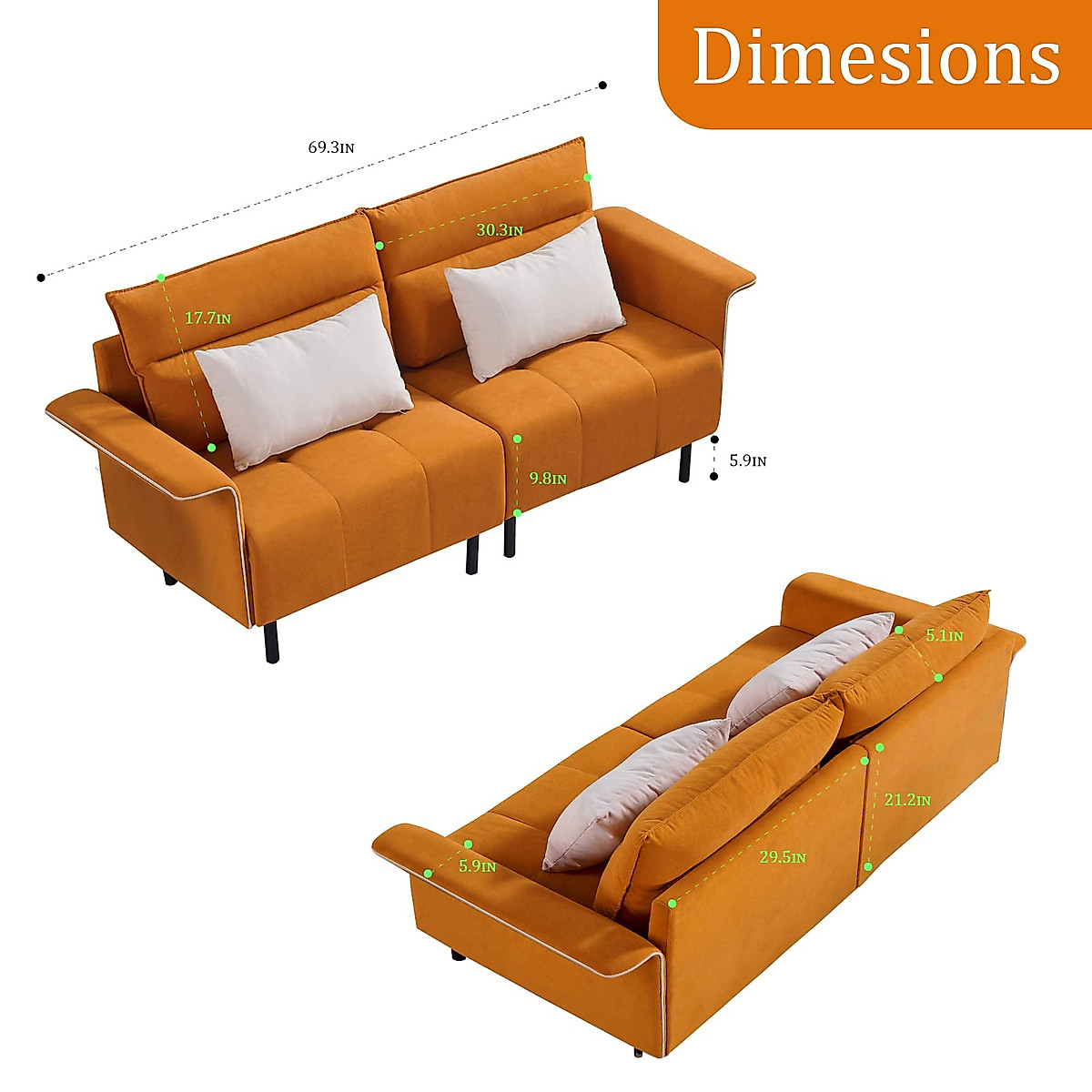72” Velvet Loveseat Sofa, Mid Century Modern Decor Love Seat Couches for Living Room, Solid and Easy to Install Small Couch for Bedroom with Two Pillows (Orange)