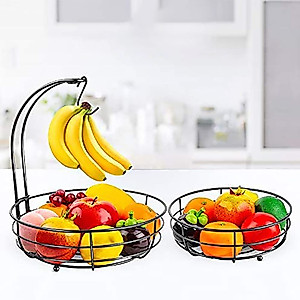 VANDHOME 2-Tier Countertop Fruit Vegetables Baske Iron With Banana Hanger, Metal Wire Vegetable Produce Storage Baskets for Kitchen, Fruits Stand Holder Organizer for Bread Snack Veggies, Black