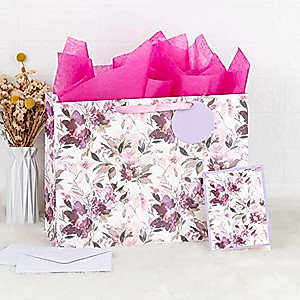 MAYPLUSS 16" Extra Large Gift Bag with Gift Card and Tissue Paper - Purple Floral for Mothers day, Birthday