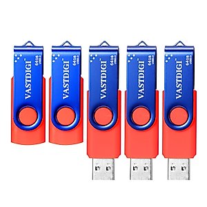 VASTDIGI 64GB USB Flash Drive 5 Pack USB 3.0 Flash Drive High Speed Swivel Memory Stick Thumb Drives with LED Light for Data Storage and Backup…