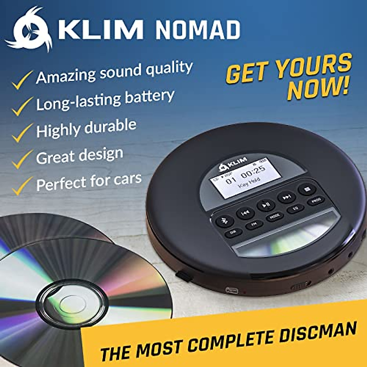 KLIM Nomad - New 2023 - Portable CD Player Walkman with Long-Lasting Battery - with Headphones - Radio FM - Compatible MP3 CD Player Portable - TF Card Radio FM AM Bluetooth - Ideal for Cars - Black