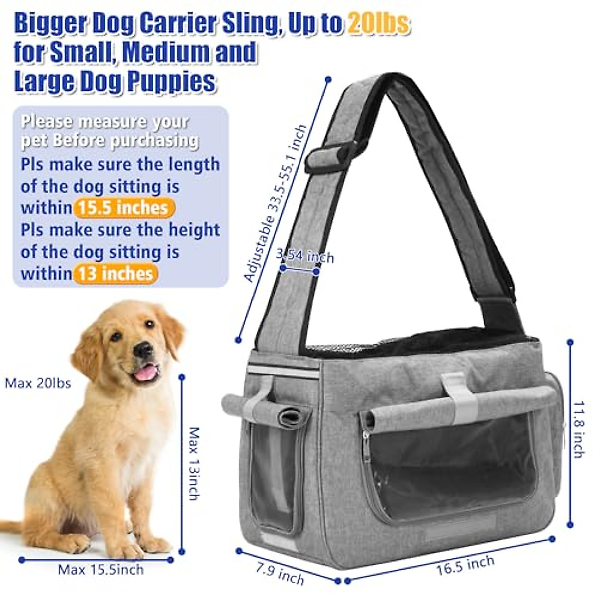 Tarovvoo Dog Sling Carrier for Medium Dogs Small Dogs 10-20lbs, Dog Carrier Bag, Pet Carrier Sling with Breathable Windows, Hard Bottom, Hand-Free for Outdoor Travel (Grey)