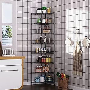 pouseayar 8-Tier NSF Metal Corner Shelf Wire Shelving Unit - 400lbs Capacity, Adjustable, with Leveling feet - Ideal for Garage, Kitchen, and More - 20" L x 20" D x 82" H - Triangle-Shape - Black
