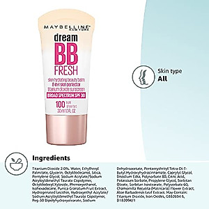 Maybelline Dream Fresh Skin Hydrating BB cream, 8-in-1 Skin Perfecting Beauty Balm with Broad Spectrum SPF 30, Sheer Tint Coverage, Oil-Free, Light, 1 Fl Oz