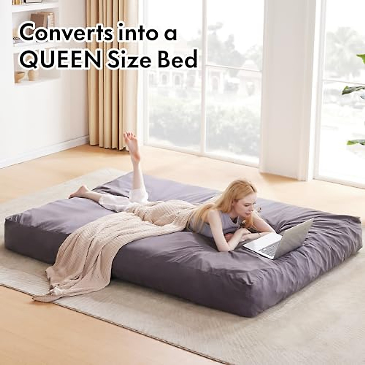 AYEASY Bean Bag Chair with Filler, Memory Foam Bean Bag Couch with Microfiber Cover(Blue, Queen)