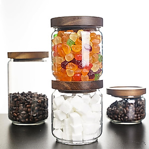 Yeahey Glass storage jars with wooden lids, food storage jars, glass kitchen jars, transparent containers for coffee bean storage, biscuit/candy/spice/tea/Pasta/Nuts storage jars (15oz*2)