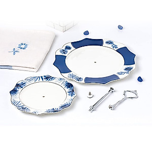 Linlins Fine Bone China 2-Tier Cake Stand/Blue Tropical Plant Cupcake Stand/Pastry Serving Cake Stand