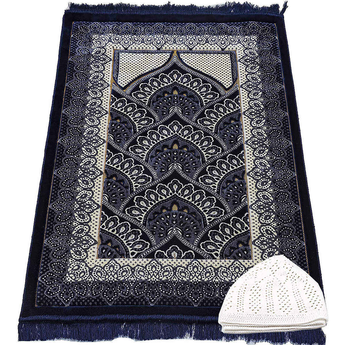 Modefa Turkish Islamic Prayer Rug - Large Wide Velvet Carpet - Soft Muslim Janamaz Sajada - Thick Turkish Prayer Mat for Men & Women - Ramadan or Eid Gift - Free Kufi Cap - Plush Paisley (Navy Blue)