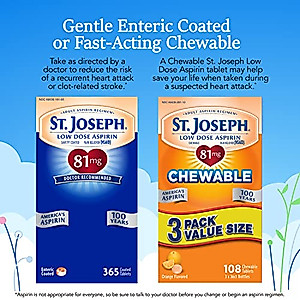 St. Joseph Aspirin Pain Reliever (NSAID) 81mg, Enteric Safety Coated, Adult Low Dose Regimen, 365 ct (1 Year Supply)