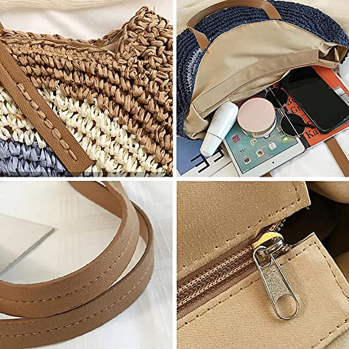 JBR Large Round Straw Bag Woven Shoulder Bag Tote Crossbody Bags Women Handwoven Handbags (Blue Eyes)