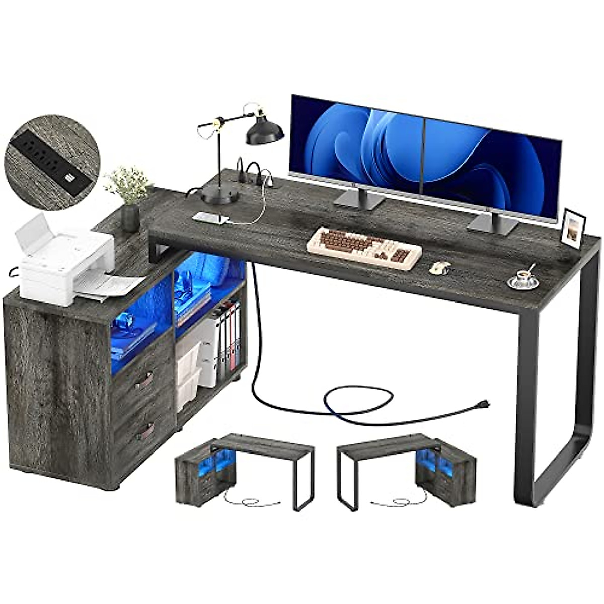 Homieasy L Shaped Desk with File Cabinet & Power Outlet, Reversible 55 Inch Large Corner Computer Desks with LED Strip, L-Shaped Computer Desk with Drawers and Storage Shelves for Home Office, Grey