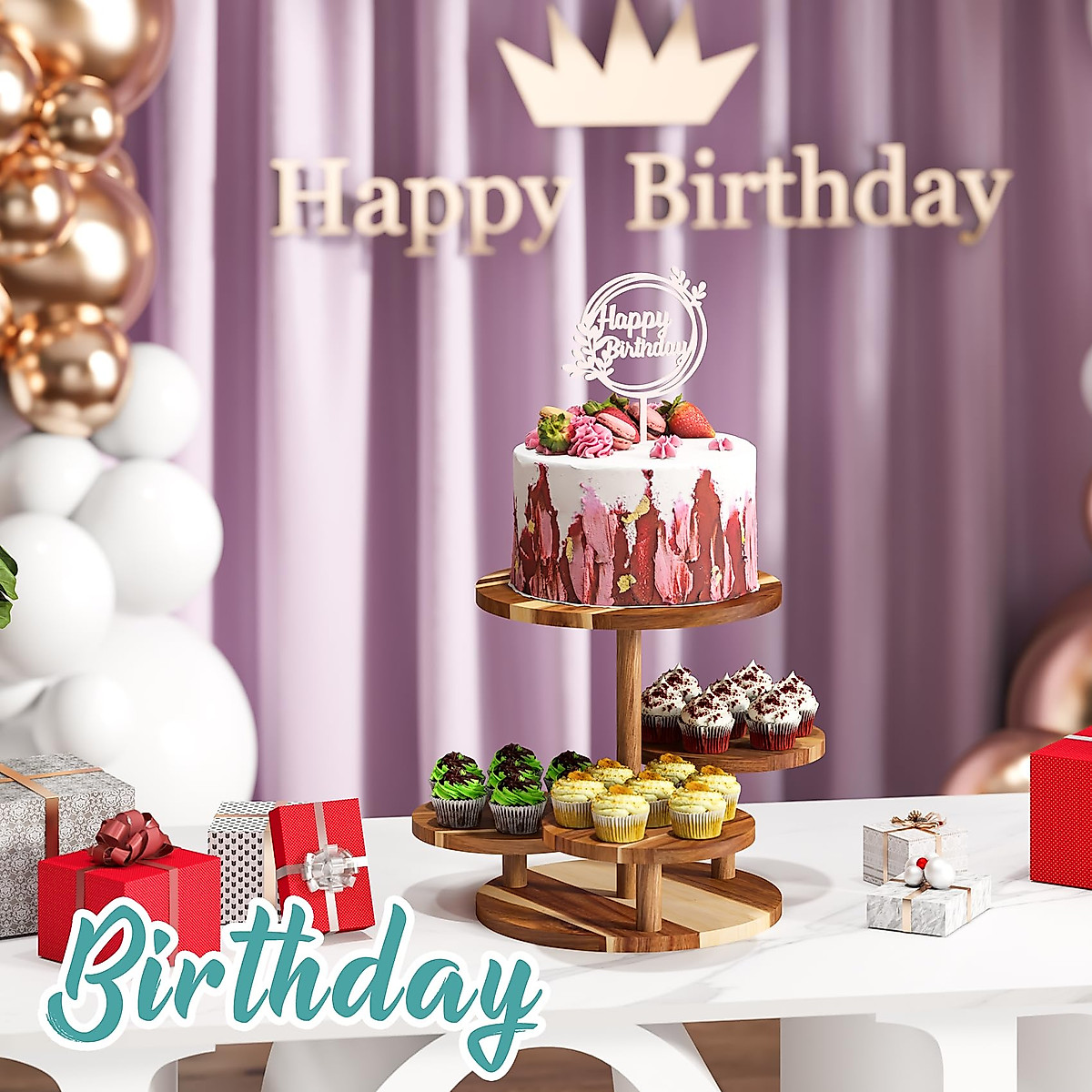 Vriccc Cupcake Stand, 4 Tier Round Cupcake Tower Stand for 50 Cupcakes, Tiered Serving Trays, Wood Cake and Cupcake Stand Combo, Farmhouse Tiered Tray Decor, Cupcake Display for Birthday Party