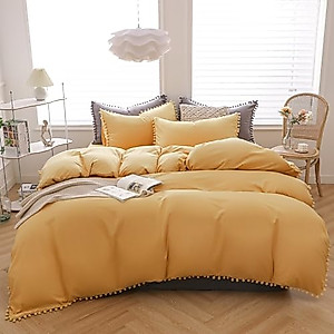 BESTDESIL Yellow 100% Washed Microfiber Duvet Cover King Size Set, 3 Pieces Pom Pom Fringe Bedding Set for All Season, Solid Color Boho Chic Aesthetic Comforter Cover with Zipper Closure