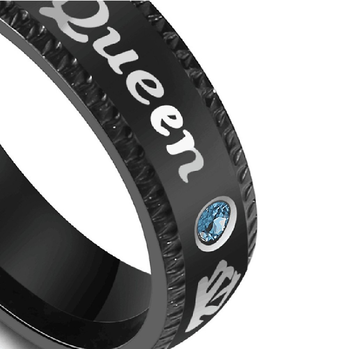 6mm Black Stainless Steel His Queen Womens Wedding Band Promise Engagement Proposal Ring with Blue Cubic Zirconia (Her Size 9)