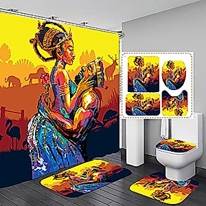 4PCS Black Girl Shower Curtains Sets，Bathroom Sets with Shower Curtain and Rugs,Colorful Bathroom Decoration Set,Bathroom Sets with Shower Curtain and Rugs and Accessories