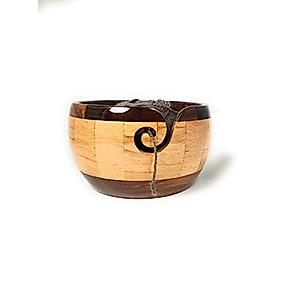 PrimeArt Steam beech Crafted Wooden Yarn Ball Storage Bowl with Spiral Yarn Dispenser & Decorative Rings Knitting Crochet Accessories 7X4