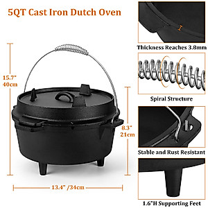 5QT Dutch Oven Camping, Leonyo 2 in 1 Camping Dutch Oven, Cast Iron Dutch Oven for Outdoor Camping, Heavy Duty & Pre-Seasoned Deep Pot for Sourdough Bread Baking, Campfire Cooking
