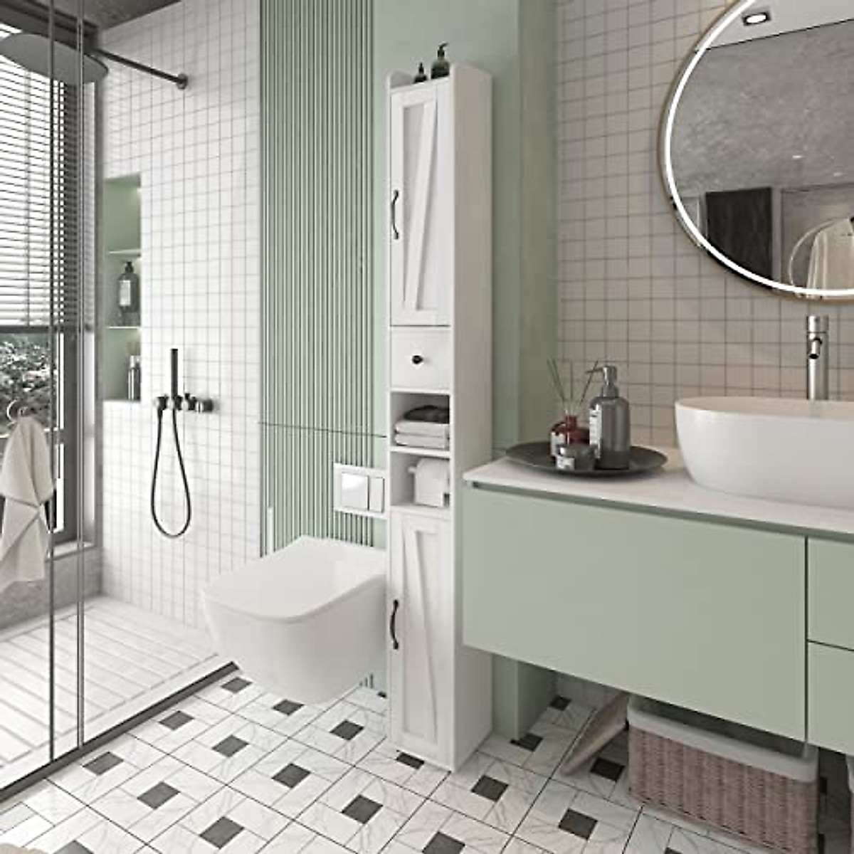 Bathroom Cabinet with Adjustable Shelf, Storage Cabinet for Small Space, Tall Bathroom Storage Cabinet with Retractable Toilet Paper Rod, Narrow Cabinet with 2 Doors, 8 Storage Compartments (White)