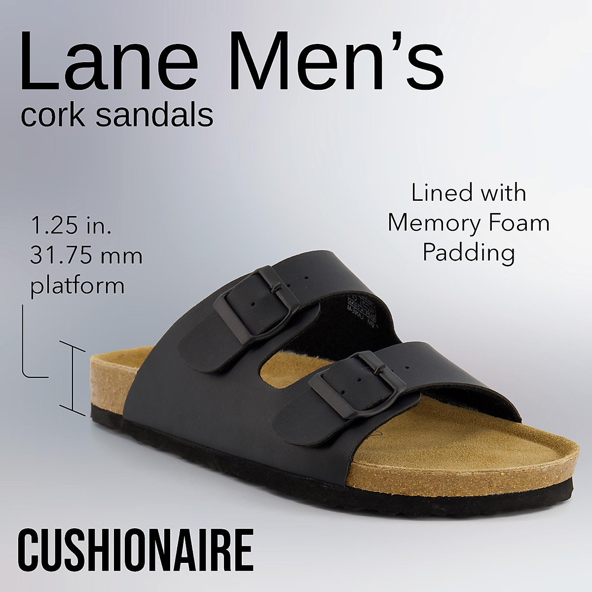 CUSHIONAIRE Men's Lane Cork footbed Sandal with Adjustable Buckle Straps +Comfort, Black Nappa 8