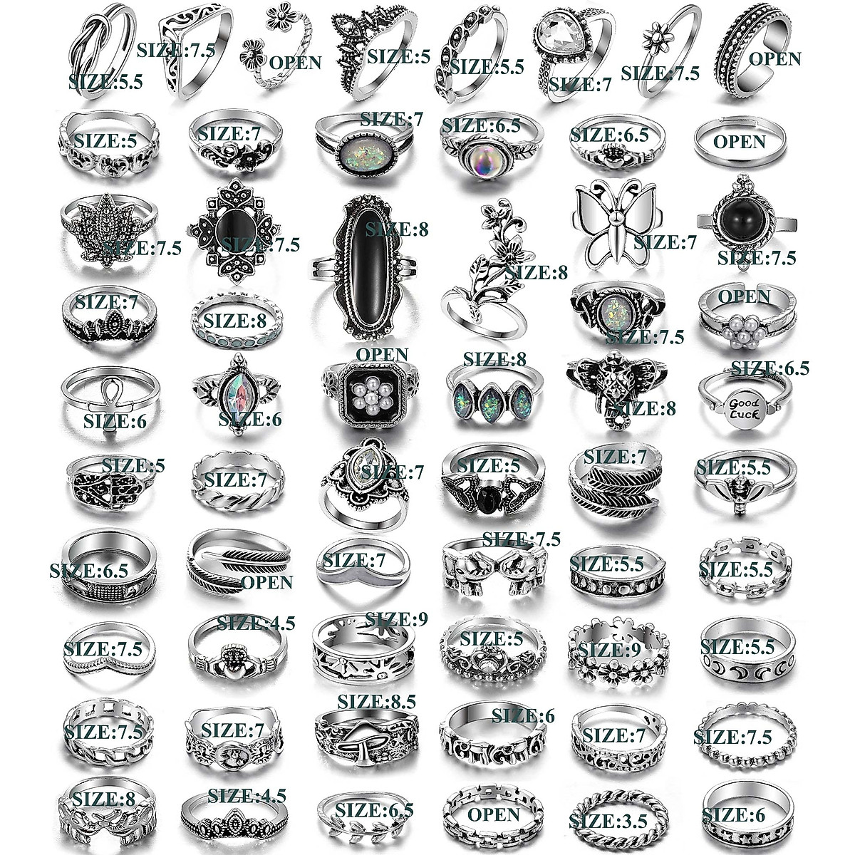 17IF 60 PCS Vintage Silver Goth Ring Set for Women Girl, Punk Boho Chunky Knuckle Stackable Finger Ring Pack Aesthetic Grunge Adjustable Retro Stone Opal Crystal Cat Snake Flower Gothic Rings