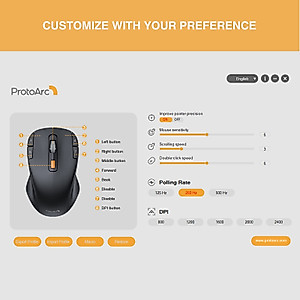 Wireless Macro Mouse, ProtoArc EM12 2.4G Ergonomic Mouse with 8 Programmable Buttons, Type-C Rechargeable Mouse, 2400 DPI, Symmetrical Computer Mouse for Laptop PC Mac, for Right & Left Hand Black