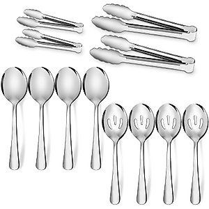 12PCS Stainless Steel Serving Utensils Sets - Large Serving Spoons,Slotted Spoons,Serving Tongs,Appetizer Tongs,Utensills Sets for Buffet Catering Banquet Party (Silver)