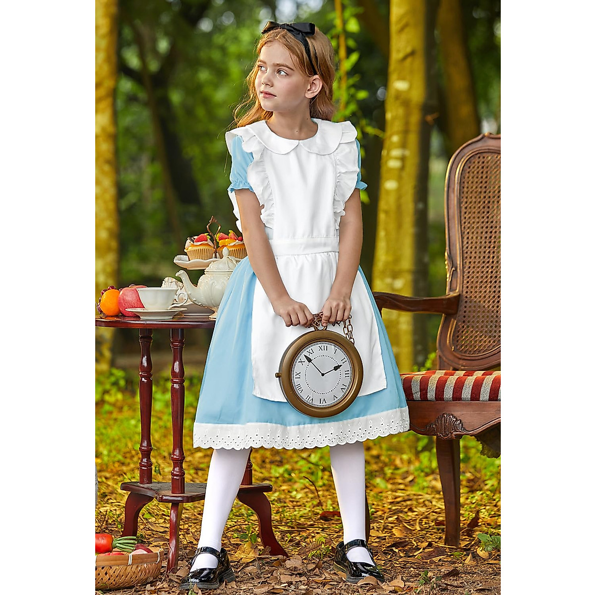 Halloween Child Girls Alice Outfit Puff Sleeve Casual Ruffle Trim Midi Dresses with Headband Blue 10 Years