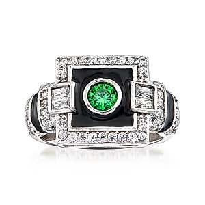 Ross-Simons 0.23 Carat Simulated Emerald and .65 ct. t.w. CZ Art Deco-Style Ring With Black Enamel in Sterling Silver. Size 8