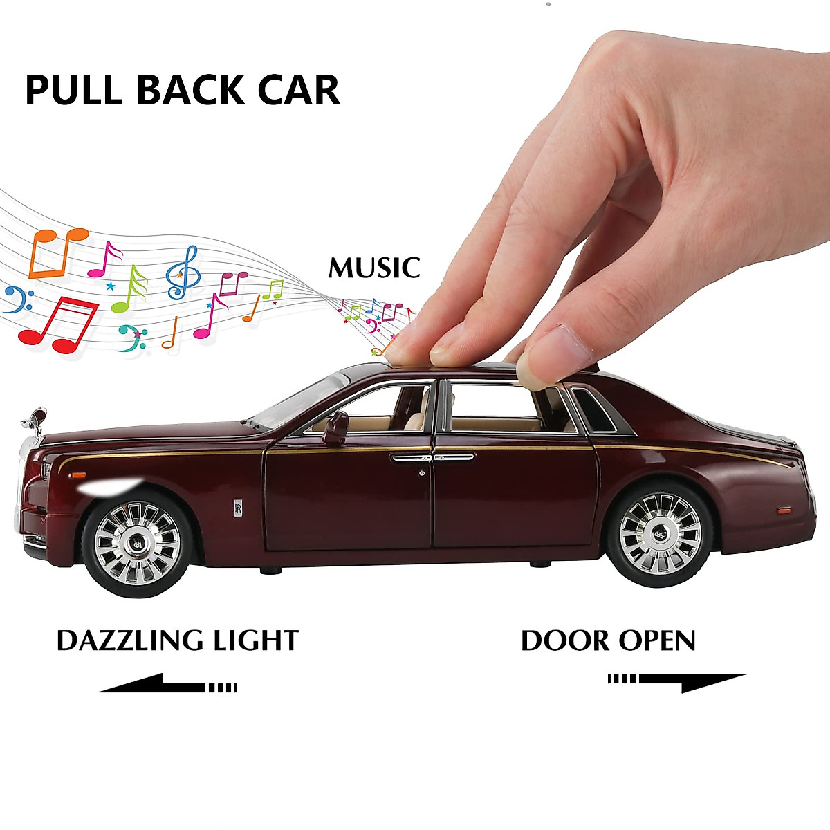 MYJJTYS Toy Car Rolls-Royce Phantom 1/24 Metal Die Casting Model Car for 3 4 5 6 7 Year Old boy Toy with Sound and Light,Classic Car Door Design, Car Logo Can be Folded(red)