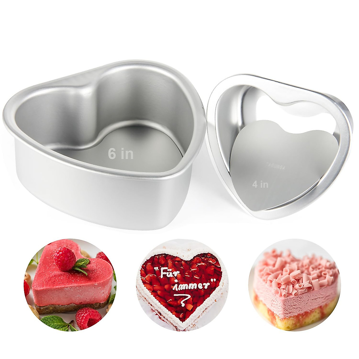 TAOUNOA Heart Shaped Cake Pans for Valentine's Day and Home Baking, 4 Inch and 6 Inch Set of 2, Aluminum Cake Pans with a Removable Bottom
