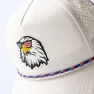 Branded Bills Party Eagle PVC Curved 5 Panel Rope Hat, White/RWB Rope, Fits 7-7 7/8, Adjustable Snapback | Lightweight, Comfort Stretch, & Quick Dry Baseball Cap