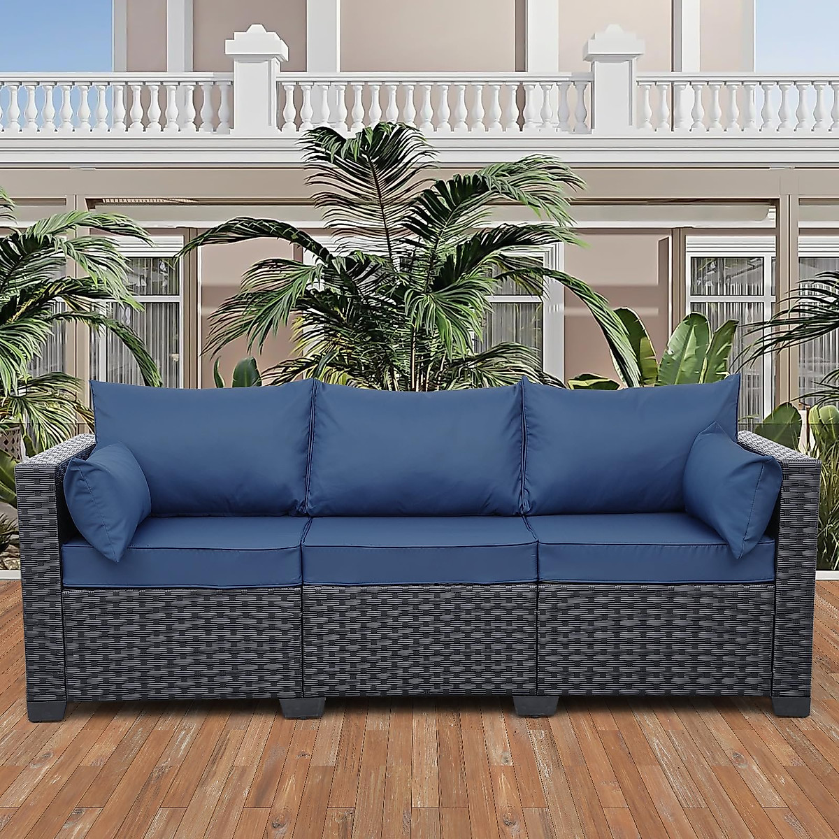 Valita 3-Seat Outdoor Rattan Sofa Patio Couch Black PE Wicker Loveseat Seating Furniture with Washable Navy Blue Cushions