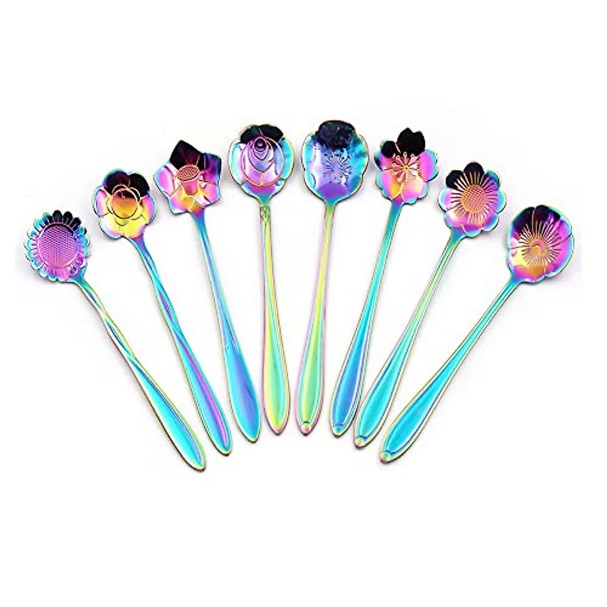 Flower Spoon Set, niceEshop Stainless Steel Teaspoon Colorful Coffee Spoon Tea Spoon Mixing Spoon Sugar Spoon, Set of 8, Rainbow