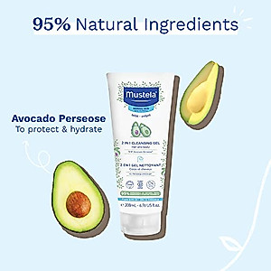 Mustela Baby 2-in-1 Cleansing Gel - Baby Body & Hair Cleanser - with Natural Avocado - Biodegradable Formula & Tear-Free - 6.76 fl. oz. (Pack of 1)