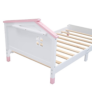 Bellemave Twin Platform Bed with Headboard, House Twin Bed with Support Slats, Wood Kids Twin Size Bed for Boys Girls, No Box Spring Needed, Bedroom Furniture (White+Pink)