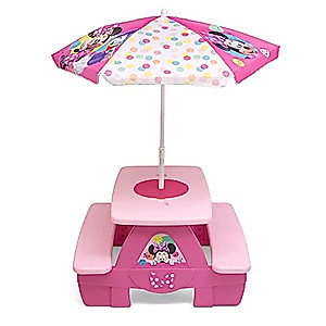 Delta Children 4 Seat Activity Picnic Table with Umbrella and Lego Compatible Tabletop, Minnie Mouse, 32.5 in x 34.25 in x 53.5 in