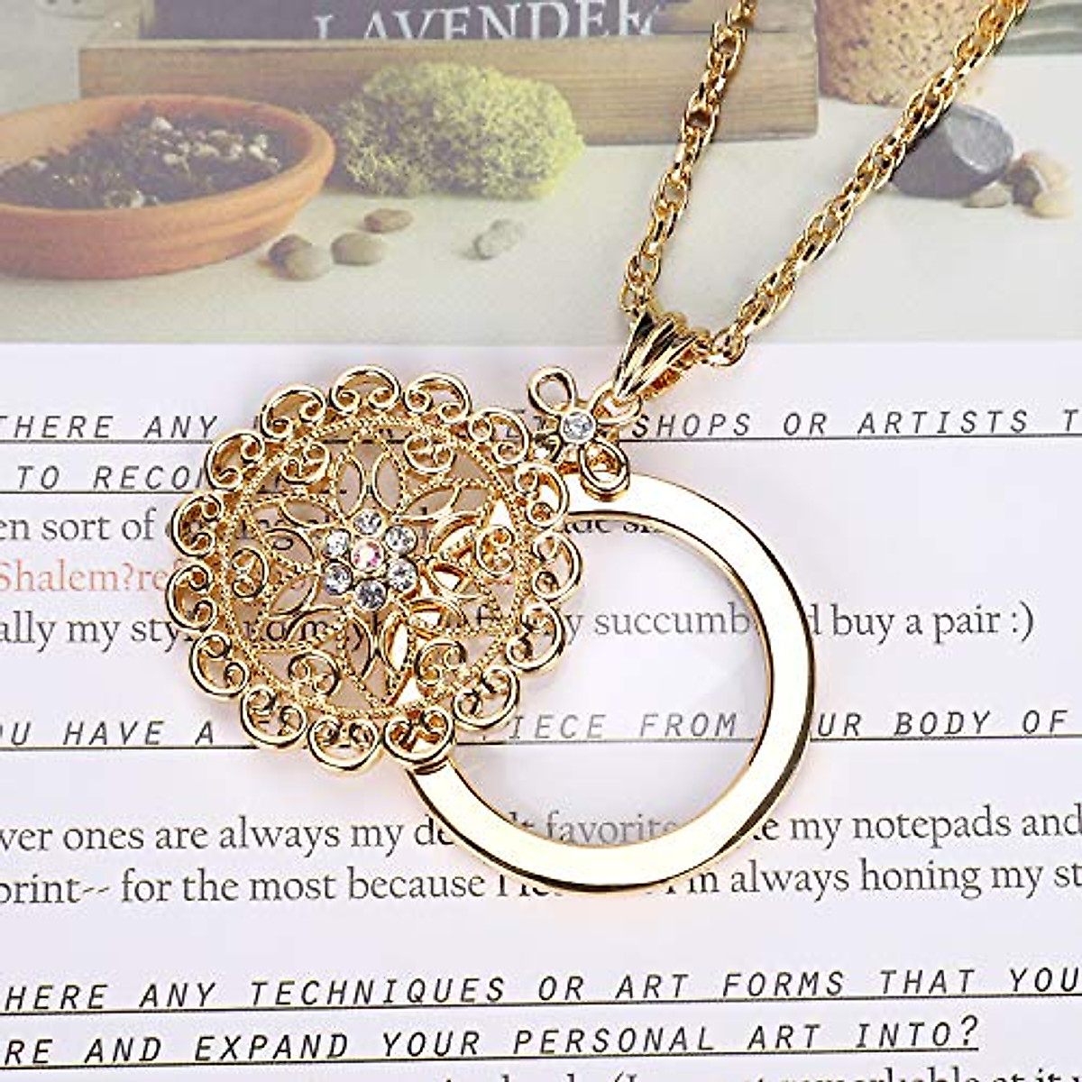 2.5X Folding Magnifier, Sliding Top Rotating Pendant Necklace Hanging Long Sweater Chain Reading Stamps Magnifying with Neckerchief
