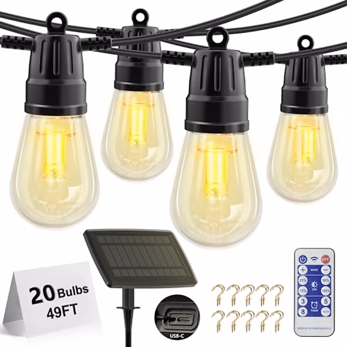 YSJ Solar String Lights Outdoor Waterproof,49FT 20 Bulb Solar Outdoor String Lights,Solar Powered Outdoor String Lights with USB-C Port and Remote Control,Camping Decoration Garden (Black)