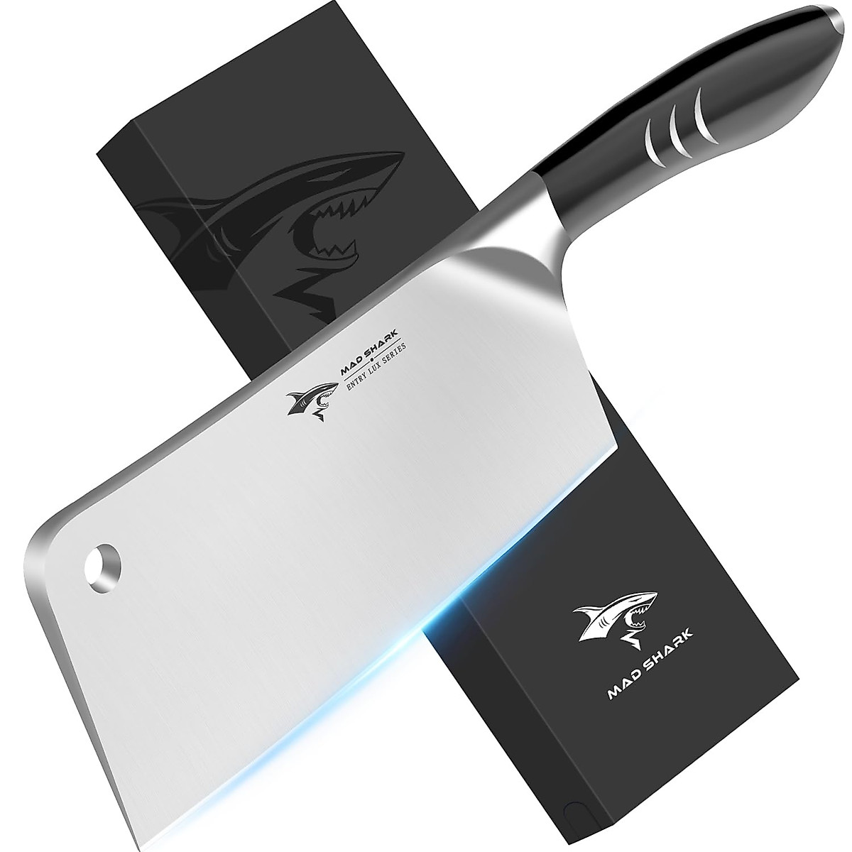 MAD SHARK Meat Cleaver Knife, German Stainless Steel Professional Butcher Chopper 7.5 Inch, Stainless Steel Handle, Heavy Duty Blade for Home Kitchen and Restaurant