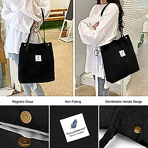Corduroy Tote Bag for Women Girls Shoulder Bag with Inner Pocket For Work Beach Lunch Travel Shopping Grocery (Black, 1 Pcs)