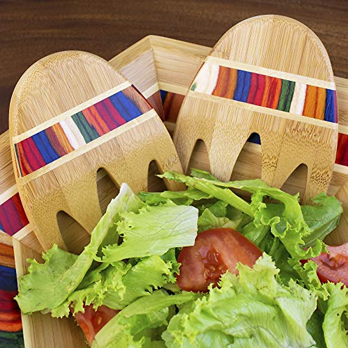 Baltique Marrakesh Collection Salad Hands Serving Utensils, Bamboo and Colored Birch Wood