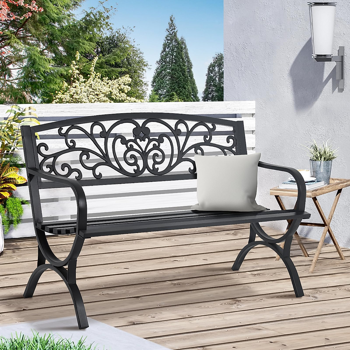 YRLLENSDAN 50" Outdoor Bench w/Floral Design Backrest Garden Bench, Cast Iron Patio Bench Arch Legs Metal Benches for Porch Lawn Front Porch, Black
