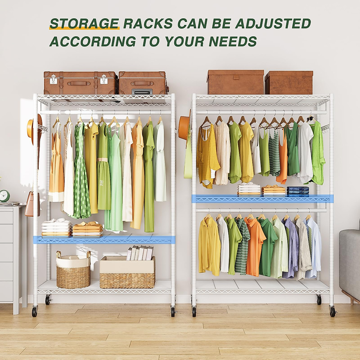 LEHOM G1L 3 Tiers Garment Rack with Storage Shelves, Heavy Duty Rolling Free-Standing Clothing Rack Closet Organizer with Double Rods/Lockable Wheels & 2 Side Hooks, Max Load 450 LBS, White