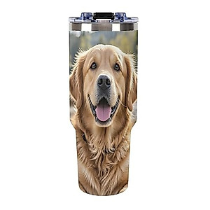 LLUTSNTH 40 Oz Vacuum Tumbler with Black Handle Leakproof Insulated Tumbler Golden Retriever Dog Stainless Steel Travel Mug with Lid And Straw Coffee Cup Cute Water Bottles Cup Holder Friendly
