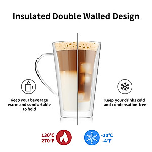 HORLIMER Double Walled Glass Coffee Mugs, 13.5oz Insulated Clear Coffee Cups with Handle Set of 2, Perfect for Espresso, Cappuccino, Latte, Tea, Hot Beverages