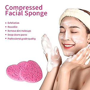 50-Count Facial Sponges Compressed Natural Cellulose Sponge Spunspon Heart Shape Face Sponge for Face Cleansing Exfoliating and Makeup Removal, Pink