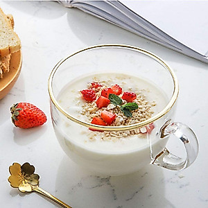 KKGUD Set of 2 Glass Teacups with Gold Rim, Oatmeal Cups, Yogurt Bowls with Spoons (Simple Design, 16oz)