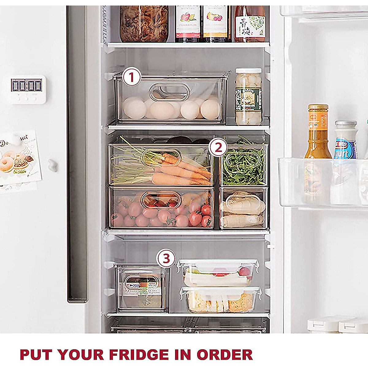 Refrigerator Organizer Bins with Pull-out Drawer, Large Stackable Fridge Drawer Organizer Set with Handle, BPA-free Drawable Clear Storage Cases for Freezer, Cabinet, Kitchen, Pantry Organization